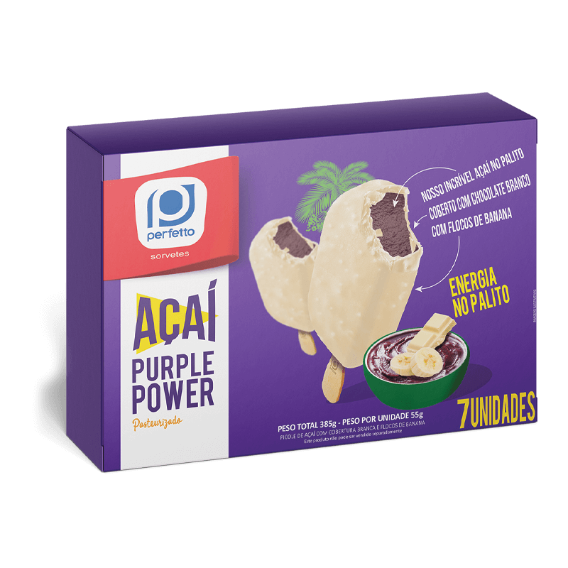 PICOLÉ DE AÇAÍ COM COBERTURA SABOR CHOCOLATE BRANCO E FLOCOS DE BANANA ...